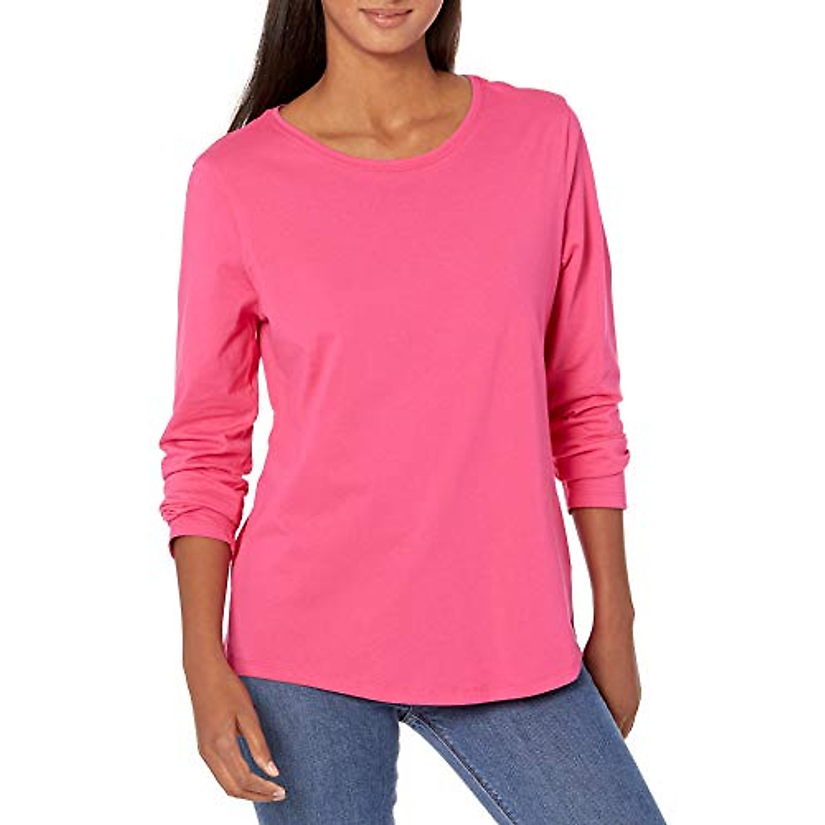 Amazon Essentials Women's Classic-Fit 100% Cotton Long-Sleeve Crewneck T-Shirt, Bright Pink, Medium