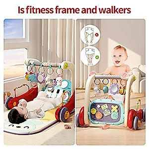 Jovow 2 in 1 Baby Gym with Walker,Baby Play Mat with 5 Infant Learning Sensory,Double-Sided Multifunctional Removable Play Piano Panel ,Sit-to-Stand Learning Walker for 0-24 Months Boy Girl