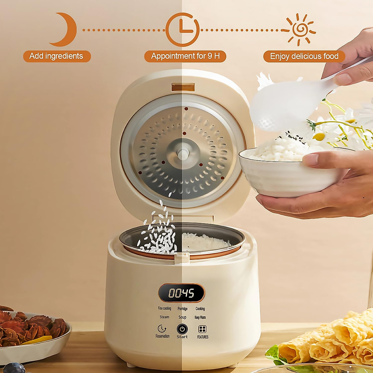 NUNET Electric Rice Cooker, Portable 6-1 Multi-Functional Smart Food Steamer Time Control 400W Mini Cooker 2QT 3 Cups Uncooked/5 Cups Cooked for Soup Grain Oatmeal w. Non-Stick Inner Pot