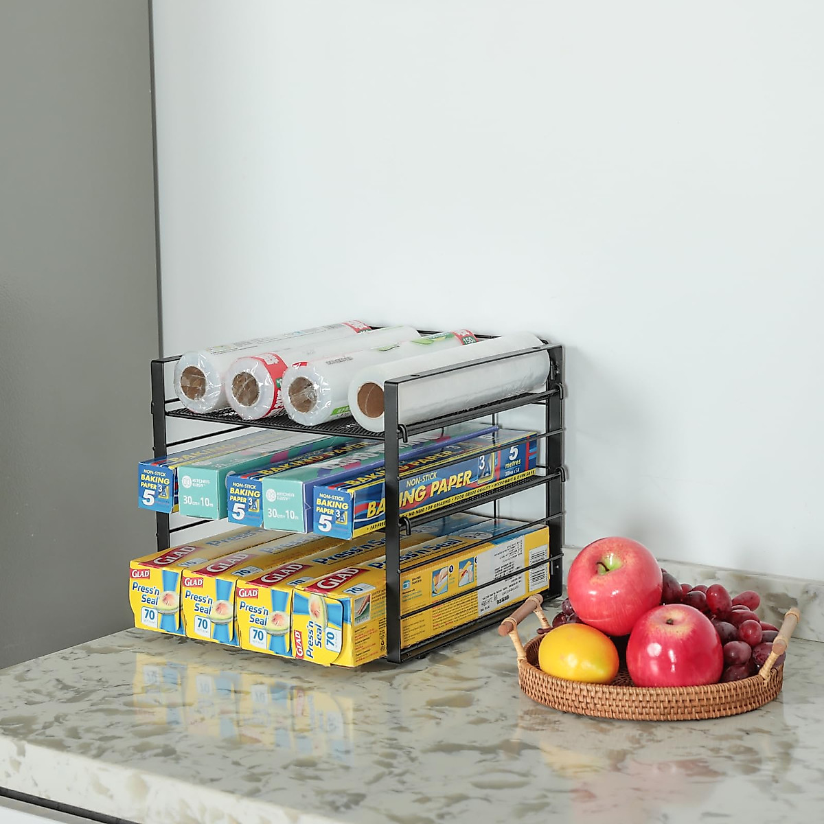 Upgraded Stackable Wrap Box Organizer Rack, 3-Tier Adjustable Foil Organizer Holder for Kitchen Countertop Pantry organization and storage-Under Sink Organizers and Storage Suitable,Black(2 Pack)