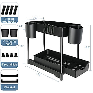 sulela Under Cabinet Basket Organizer and Storage with Sliding Drawer, 2 Tier Under Sink Storage Rack with 4 Hooks, Under Sink Organizers and Storage Black Under Sink Storage for Bathroom Kitchen
