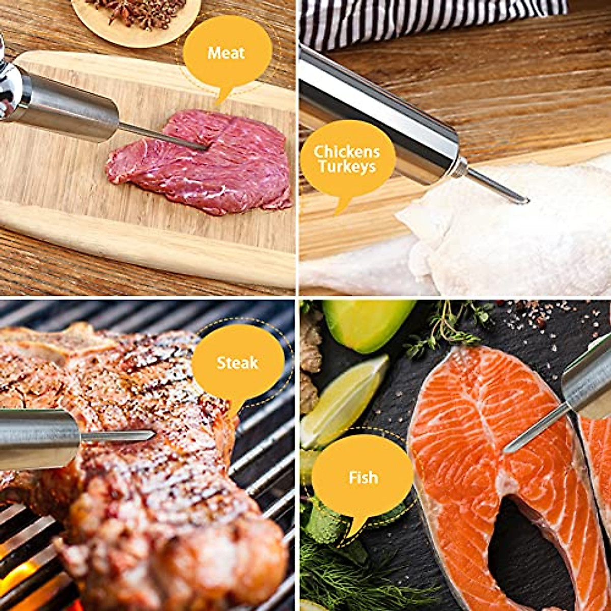 UikieGo 2oz Heavy duty 304 Stainless Steel Meat Marinade Injector Include User Manual (Paper Book) and BBQ Guide E-Book (PDF) for Smoker BBQ Grill Roast (Stoage Bag)