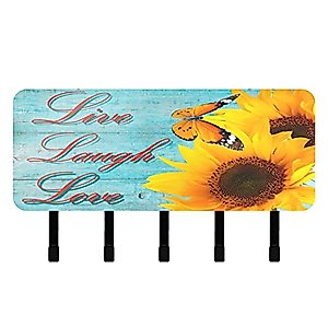 OURVII Key Holder for Wall Vinatage Sunflower Board Wall Mounted Key Hook, Mail Holder Wall Mounted, Entryway Mudroom Hallway Home Decorative Key Organizer Rack with 5 Hooks