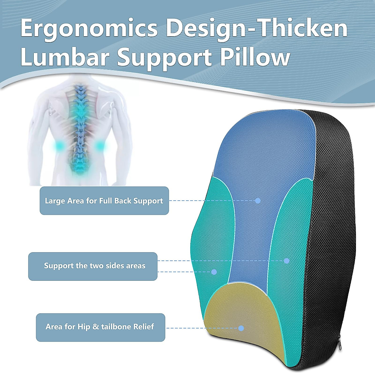 Aulase Extra Large and Soft Lumbar Support Pillow for Back Relax, 4" Thick Memory Foam for Pain Relief, Backrest with Adjustable Strap, Breathable Mesh Cover, for Desk Office Chair, 21"x16"