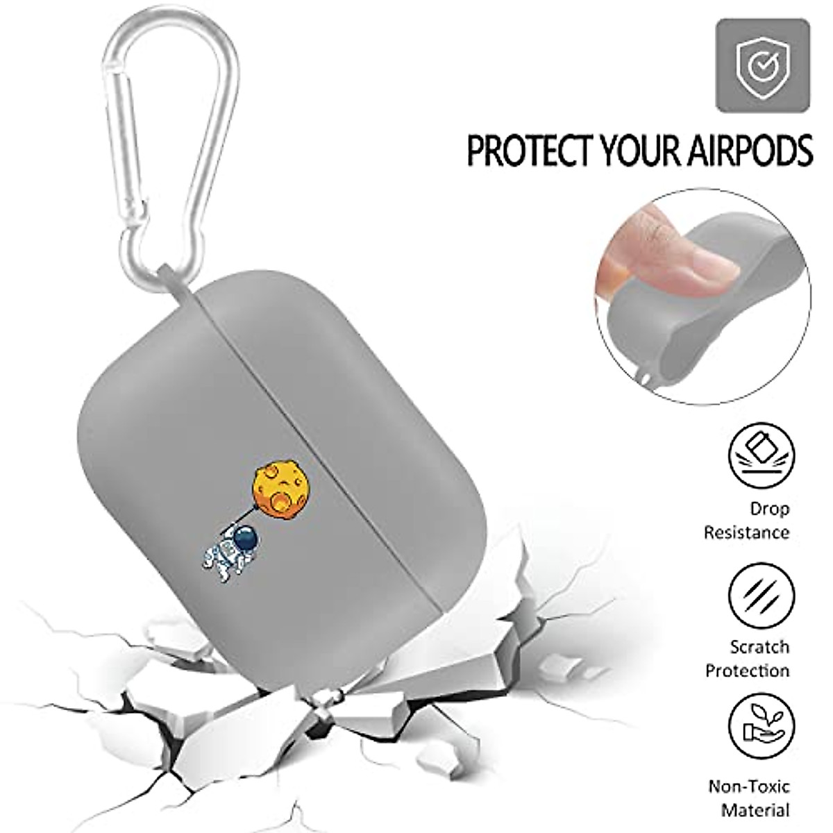 Cartoon Planet Astronaut Pattern Airpods Pro Case,Gray Design Cosmic Airpods Pro Cover Soft TPU Protective Compatible with Apple AirPods Pro Wireless Charging Case with Lanyard(Gray&Planet Astronaut)