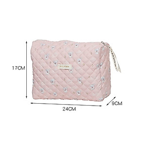 Dalulu Kawaii Floral Makeup Bag Coquette Aesthetic Cosmetic Bag Large Travel Make up Organizer Cute Pouch Cotton Quilted Toiletry Bag for Women Girls Kawaii Stuff (M-Beige Flowers)
