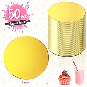 Honeydak 50 Pack Golden Cake Base Grease Proof Circle Plate Cardboard Rounds Mini Boards Laminated Mousse 4 Inch for Kitchen Baking Caking Pizza Dessert Cupcake Tiered Tray Display