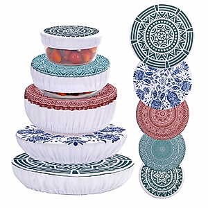 10Pcs Reusable Bowl Covers In 5 Size, Stretch Cloth Fabric Dish Cover Kitchen Storage Containers Lids for Fruits Food Leftover Dough Bread Proofing