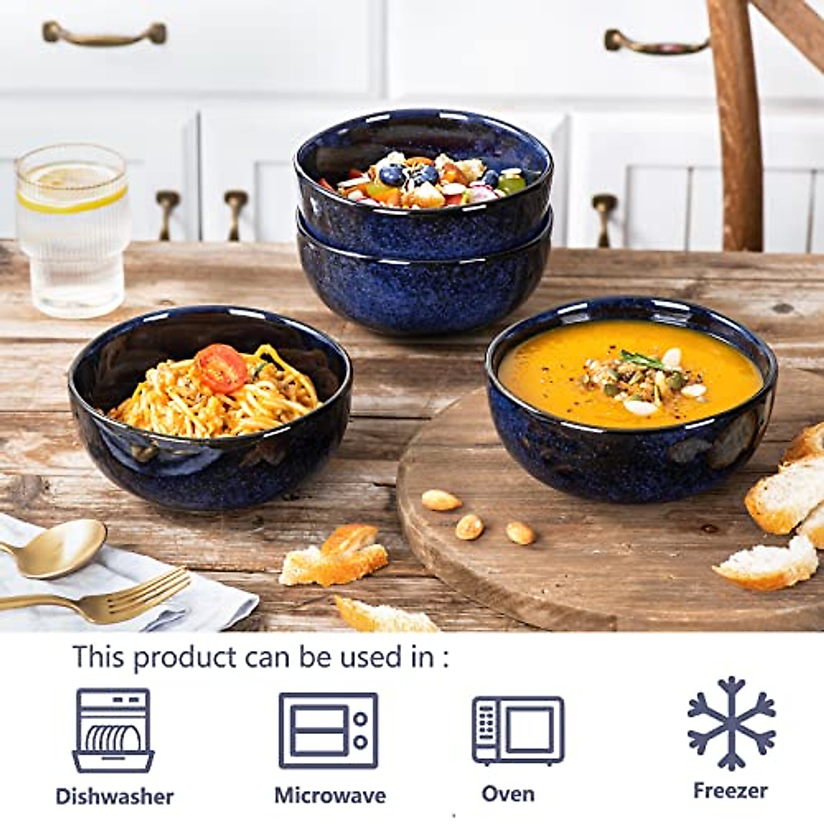 vicrays Ceramic Cereal Bowls Set - Porcelain 26 Ounce Soup Salad Bowls Set - Rice Dessert Cream Bowls Set - Chip Resistant Dishwasher Microwave Safe - Set of 6 (Blue)