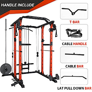 ER KANG Fitness Power Cage, Cable Crossover Machine with LAT Pull Down Bar, T Bar, Cable Bar/Handle for Home Gym Strength Training Orange