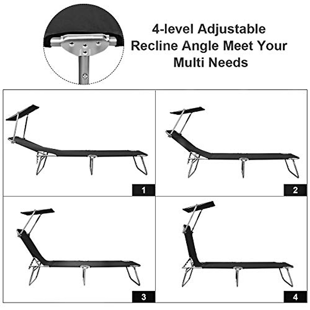 GYMAX Lounge Chair, Folding Recliner Patio Chair for Outdoor Patio Garden Beach Pool with Adjustable Reclining Positions, Sun Shade (Black)