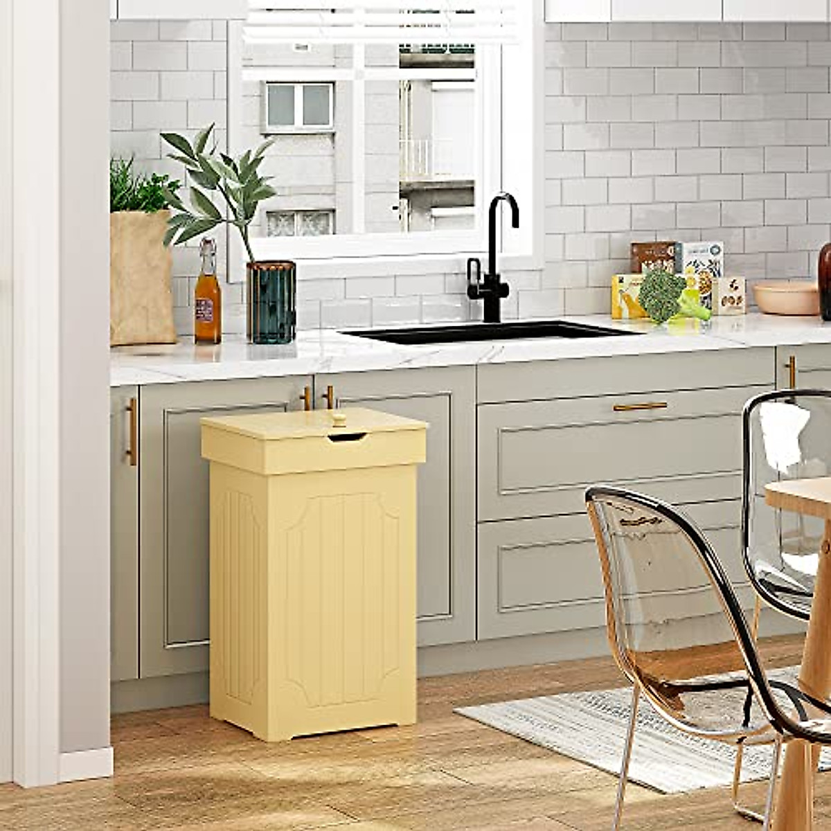 Function Home Trash Can Cabinet, 23 Gallon Kitchen Garbage Can, Wooden Recycling Trash Bin, Freestanding Dog Proof Trash Can, Farmhouse Trash Cabinet with Lid for Home Kitchen Bathroom, Yellow
