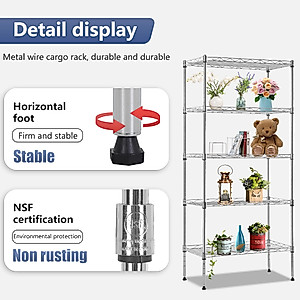 FDW 5 Tier 22L x 12W x 48H Pantry Shelves Adjustable Metal Shelves NSF Storage Rack Shelving Units for Kitchen Garage Small Places Commercial,Chrome