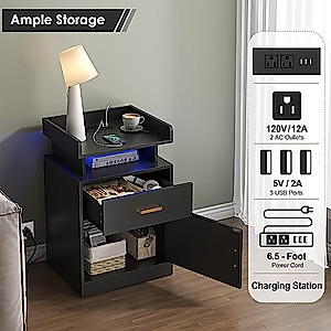 Tcpuolr Nightstand with Charging Station & Cabinet Storage, Led Night Stand with Drawer & Open Shelf, Bedside Table with Top Baffle, End Table for Bedroom, Living Room, Black