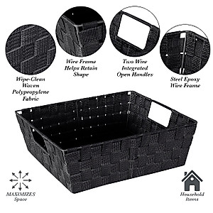 Simplify Large Shelf Woven Strap Tote | Decorative Storage Basket | Built in Handles | Organization | Closet | Bedroom | Bathroom | Nursery | Accessories | Toys | Gifts | 2 Pack | Black