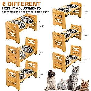 SEASOULSTAR Elevated Dog Bowls for Small Dogs and Cats -Tilted Adjustable Raised Dog Bowls with 2 Stainless Steel Bowls,Non-Slip Bamboo Dog Cat Feeder