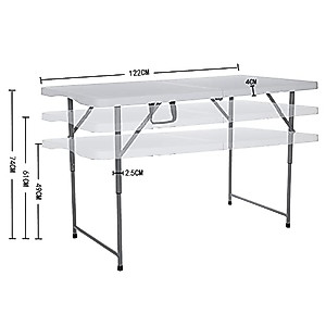 Lakhow 122CZ Folding Tables Camping Table 4FT Adjustable Height（ 49/61/74CM） Portable Dining Table Party,Height Adjustable Craft Camping and Utility Folding Table,White Granite