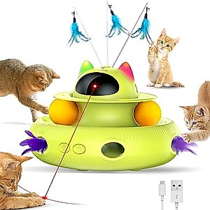 CATISM Cat Toys 4-in-1 Interactive Cat Toy for Indoor Cats,Electronic Automatic Cat Pointer Toys, Cat Feather Toys Track Balls Kitten Toys, Indoor Exercise Cat Wand Toy Green