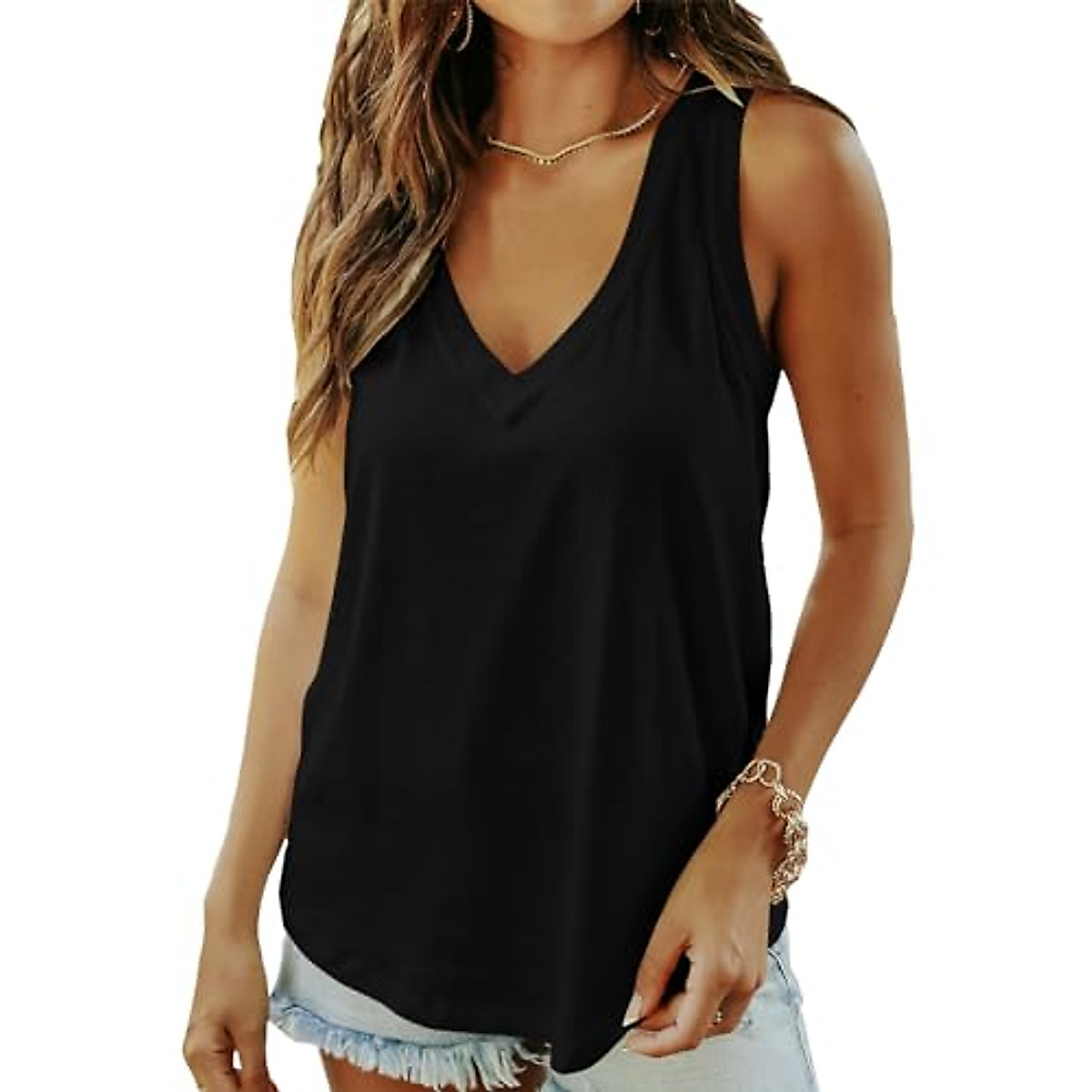 Smile Fish Women Summer Deep V Neck Tank Top Loose Fit Flowy Sleeveless Shirt Cotton Black,XL