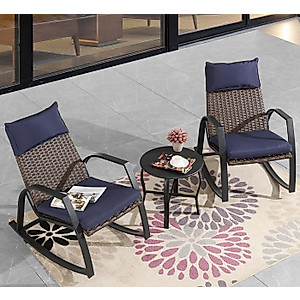 ARTLOFT 3 Piece Rocking Bistro Set Wicker Patio Outdoor Furniture Porch Chairs Conversation Sets with Coffee Table for Balcony, Garden, Backyard (Blue)