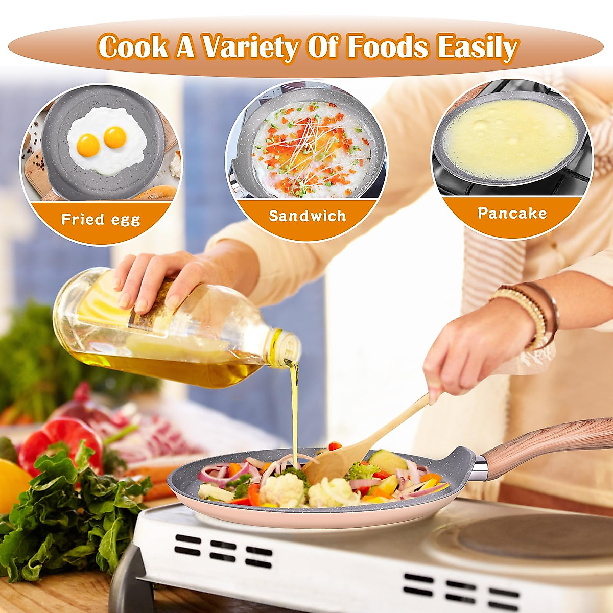 KRETAELY Crepe Pan Nonstick Crepe Maker with Spreader Dosa Pan Pancake Frying Pan with Granite Coating 10.5 inch Pancake Pan Induction Compatible PFOA Free