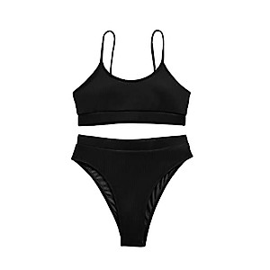Lilosy High Waisted Tummy Control Bikini Ribbed Sporty Brazilian Swimsuit Set Women Highwaisted Cheeky Crop Push Up Top Cut Leg Rise Bottom 2 Piece Bathing Suit Black Medium