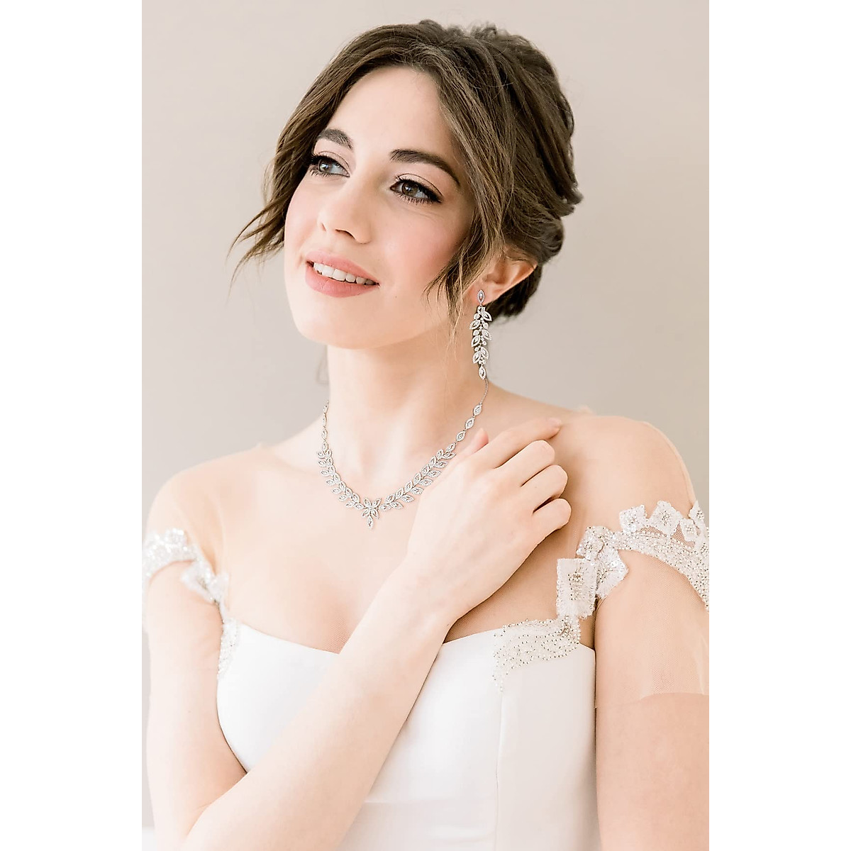 SWEETV Wedding Jewelry Set for Brides Bridesmaid Women, Cubic Zirconia Rhinestone Necklace Dangle Earrings Jewelry Set for Women, Chandelier Bridal Jewelry Set for Wedding Party Costume (0.2 Silver)