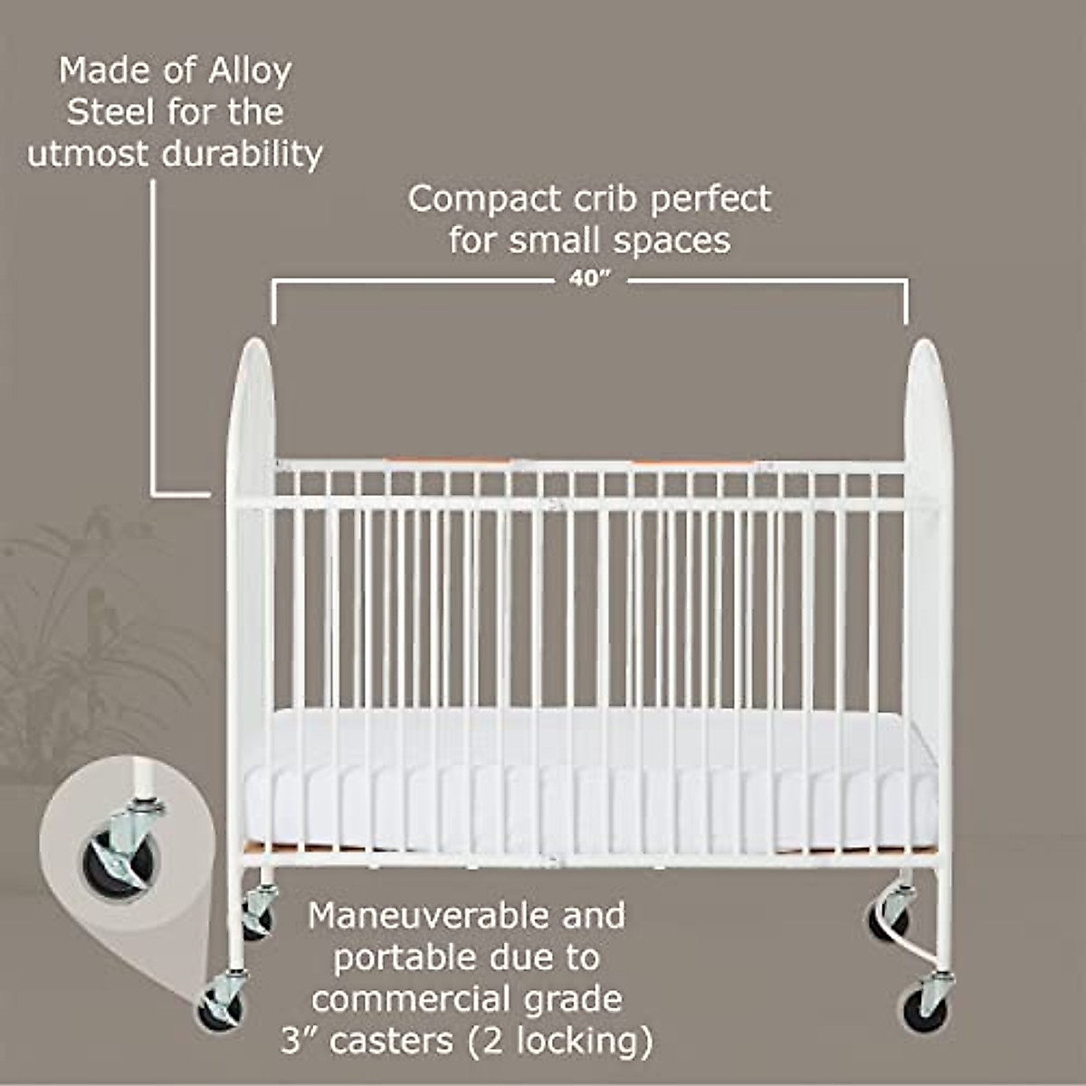 Foundations Pinnacle Folding Steel Crib, Portable Baby Crib with Commercial Grade 3" Casters, Heavy Duty Steel Hotel Crib, Includes 4 Inch Foam Mattress, White