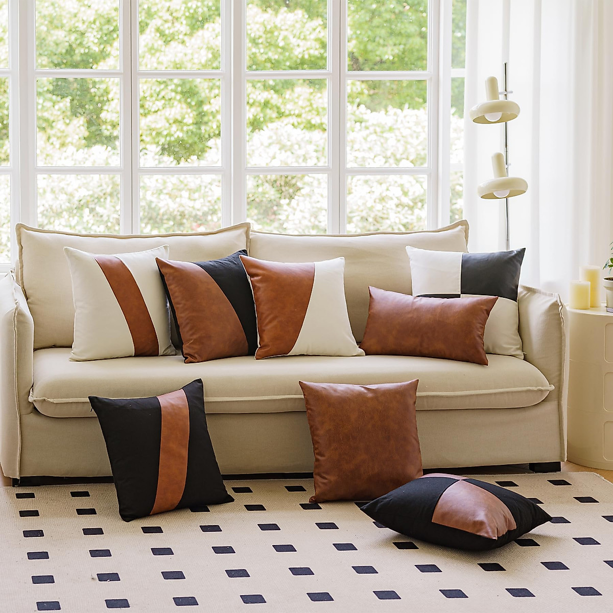 GEGELICA Faux Leather Patchwork White Linen Throw Pillow Covers Modern Minimalist Farmhouse Solid Boho Decorative Pillow Covers for Couch Living Room Bedroom Set of 2 18X18 Inch Brown and Cognac