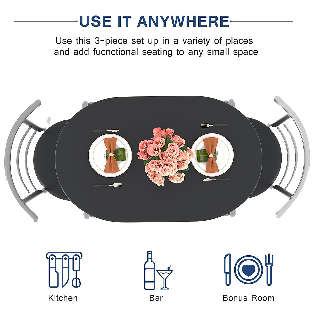 VECELO 3 Piece Small Round Dining Table Set for Kitchen Breakfast Nook, Wood Grain Tabletop with Wine Storage Rack, Save Space, 31.5", Black & Silver