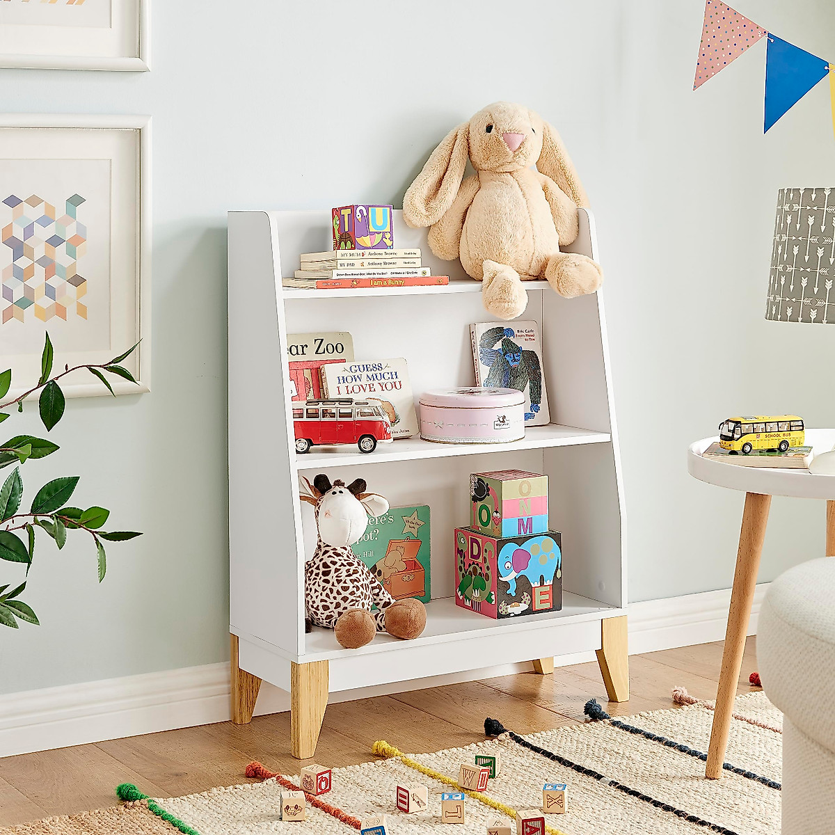 Danya B. Steiner White 3-Tier Kids Book or Toy Figure Display Unit Freestanding Bookshelf with Contrasting Wood-Toned Legs