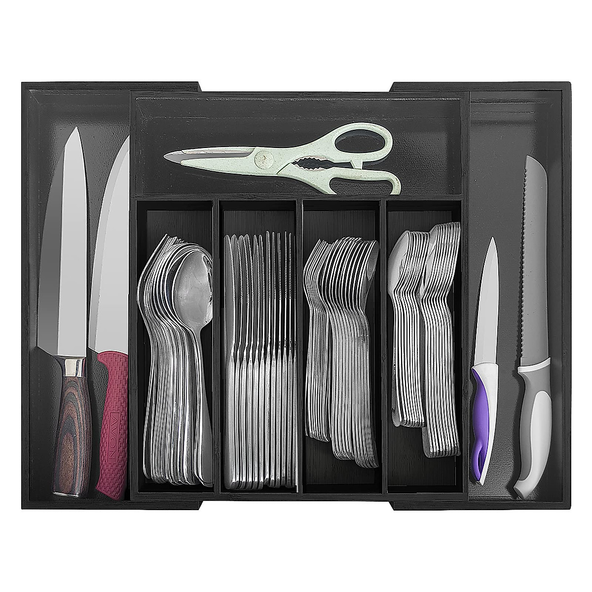 KMYC Silverware Utensil Organizer For Kitchen Drawers,Flatware Cutlery Collection Tray,Bamboo Kitchen Drawer Foldable And Expandable（Black）