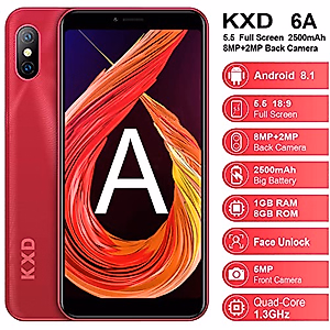 KXD Android Phone Unlocked 6A Cell Phones Unlock Dual SIM - 3G Smartphones Full-Screen - 1+8GB/ 64GB Extension - Face ID - 8MP+5MP Camera - Red