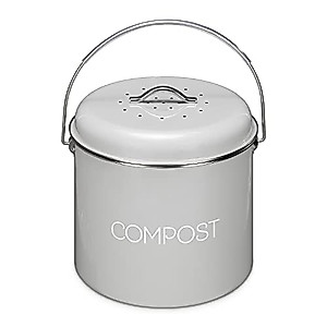 Navaris Metal Compost Caddy Bin - 1.3 Gallon Kitchen Composting Bucket with Charcoal Filter and Lid for Indoor Food Waste Recycling - 5 Litre - Gray
