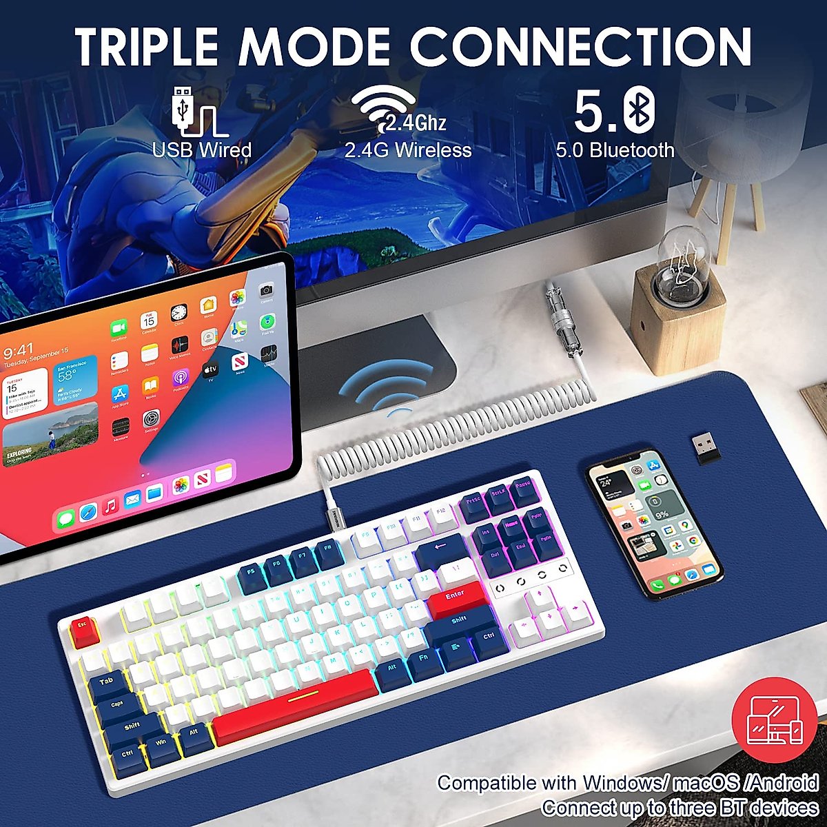 Wireless Gaming Keyboard and Custom Coiled USB C Cable,Triple Mode 2.4GHz/BT 5.0/USB-C,TKL Hot Swappable Mechanical Keyboard Yellow Switches,Rechargeable 3000mAh for PC PS5 PS4 Xbox-2 in 1 Kit