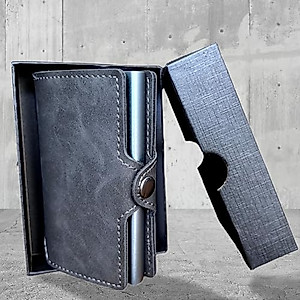 Minimalist Leather Card Holder With RFID Protection Wallet,6 cards in the sliding cover,2 interior slots for 4 cards,cash in its pressure system,0.78 x 2.67 x 3.93,Elegant black gift box (Grey)