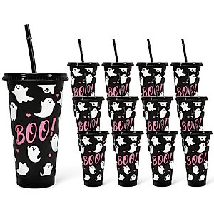 JarThenaAMCS 12Pcs Halloween Plastic Cups with Straw and Lid Cute Ghost Tumbler Boo Plastic Cups for Cold Drinks Halloween Decoration Party Favors