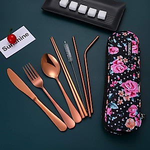 Travel Utensils,Reusable Silverware Set To Go Portable Cutlery Set with a Waterproof Carrying Case for Lunch Boxes Workplace Camping Picnic (Rosegold)