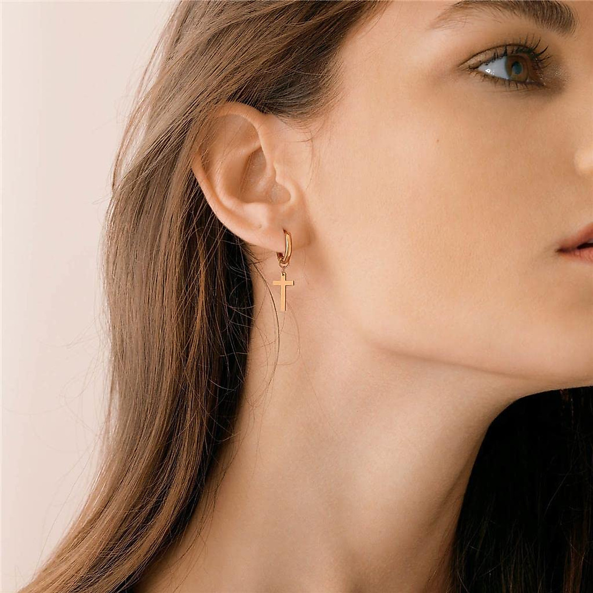 Mens Cross Earrings 24k Yellow Gold Plated Hoop with Snap Closure