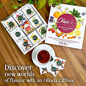 Olinda Healing Flowers & Roots Gift Box, 45 Tea Bags, Cinnamon Mint, Beauty, Chamomile, Lemon Blossom, Cinnamon Apple, Turmeric, Valerian, Stress Relief and Orange Teas - 1 box