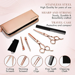 Hair Cutting Kit for Women - Barber Hair Cutting Scissors and Thinning Shears with Comb, Clips and Case by Lily England (Rose Gold)