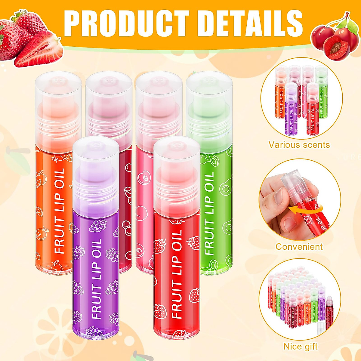 Dansib 30 Pcs Roll on Lip Gloss Glossy Fruit Lip Oil for Girls Kids Clear Flavored Lip Make-up Party Gifts for Teen, Assortment Set (Fruity)