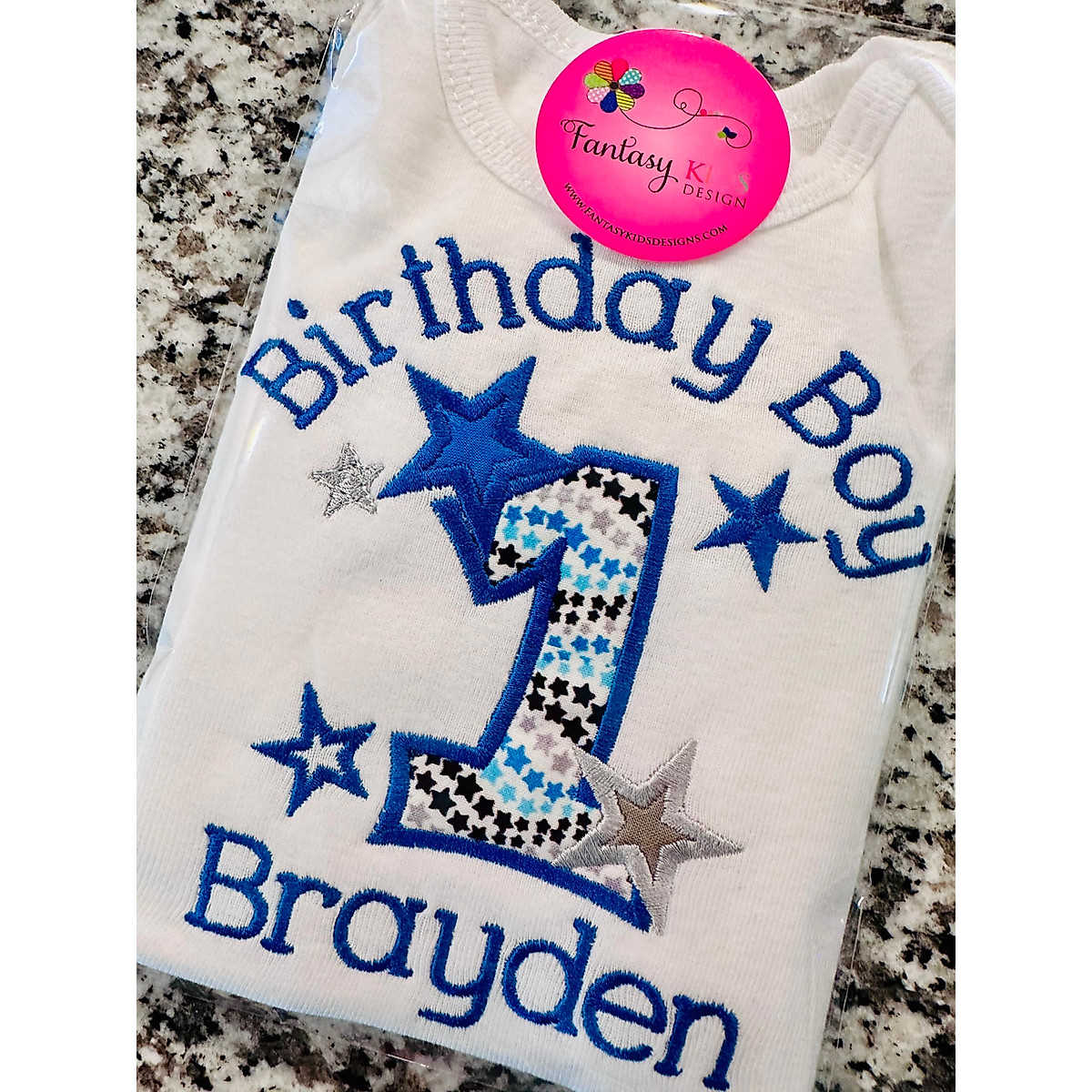 Fantasy Kids Designs First Birthday Boy Outfit Bodysuit Personalized with Custom Name (12 Months Short Sleeve, Royal Blue)