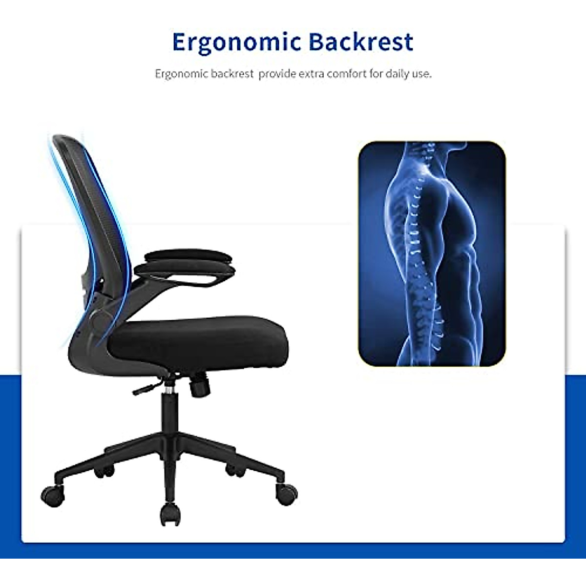 BestOffice Ergonomic Desk Mesh Computer Swivel Rolling Mid Back Task Lumbar Support Flip-up Arms Massage Adjustable Chair for Women Adults, Black