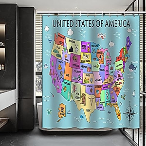 DLTAY United States Map Shower Curtain, USA Shower Curtain Cartoon Animal US Map Kids Educational Shower Curtain Set Waterproof Bath Tub Curtain Bathroom Decor with 12 Hooks, 72x72 inches