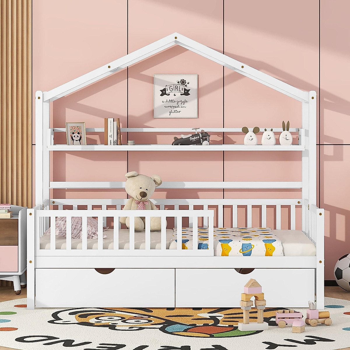 Merax Wood Twin House Bed Frame with Drawers/Book Shelf,Low Sofa Daybed for Boys Girls,No Box Spring Needed White