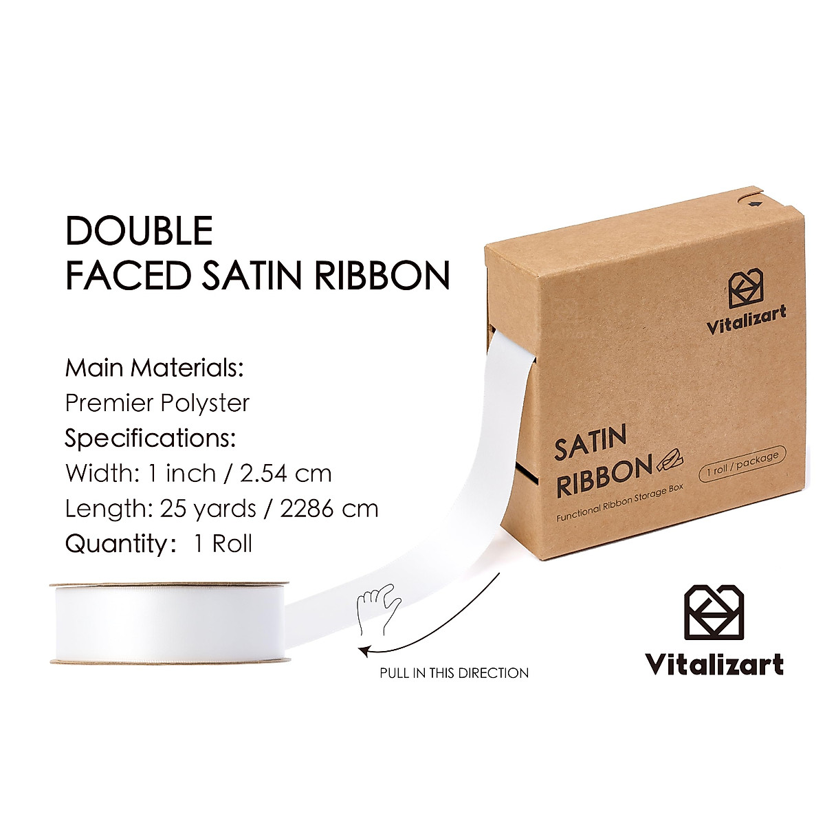 Vitalizart White Ribbon for Gift Wrapping 1" x 25Yd Double Face Continuous Functional Satin Ribbon for Crafts Silk Like Fabric Flower Bouquet Birthday Party Bridal Shower Wreath Hair Off White