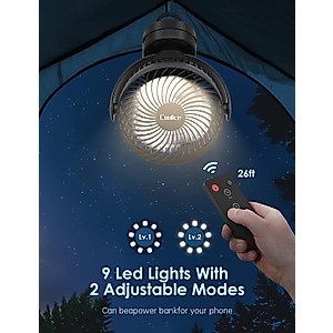 Camping Fan with Remote Control - 65Hrs 12000mAh Rechargeable Fan, 3 Speeds & Timing Battery Powered Fan with Light & Hook, Camp Fan for Tent, Battery Operated Fan for Camping, Black