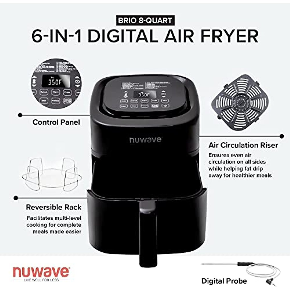 NUWAVE Brio 8-Qt Air Fryer, Powerful 1800W, Easy-to-Read Cool White Display, 50°-400°F Temp Controls, 100 Pre-Programmed Presets & 50 Memory Slots, Integrated Smart Thermometer, Linear T Technology