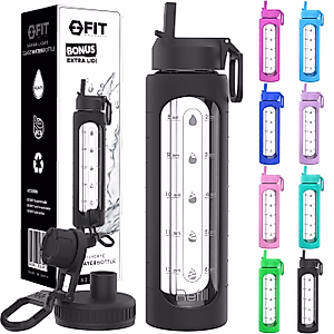 32 oz Glass Water Bottle with Straw Lid, Time Marker, Sleeve & Extra Lid - Motivational, Wide Mouth, Large BPA-Free 1 Liter Glass Water Bottle, Glass Drinking Bottle, Waterbottle (Black Sleeve)